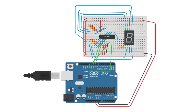 Circuit design 7-Segment-Anzeige - Tinkercad