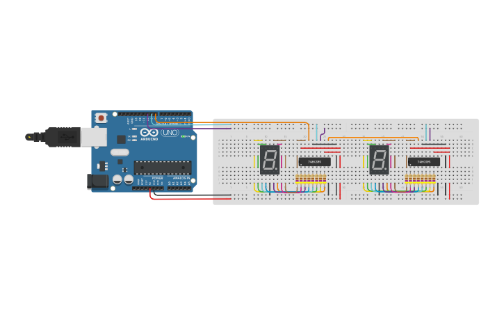 Circuit design 2 Displays 7 Segmentos com 74HC595 - Tinkercad