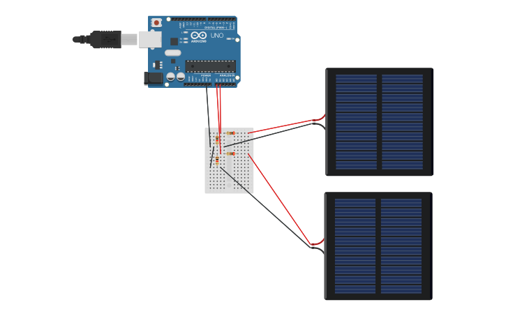 Circuit design Dual solar output meassuring - Tinkercad