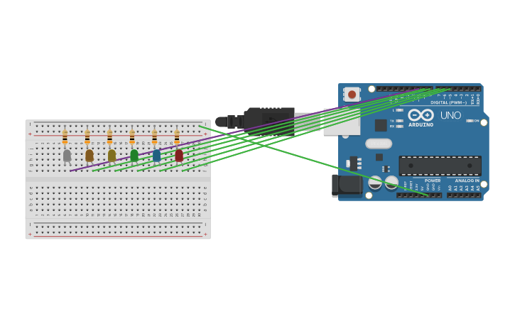 Circuit design lighting 6 leds in a specific sequence | Tinkercad