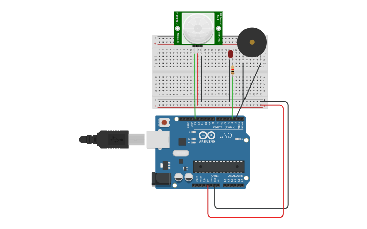 Circuit design PIR Sensor with buzzer and LED - Tinkercad