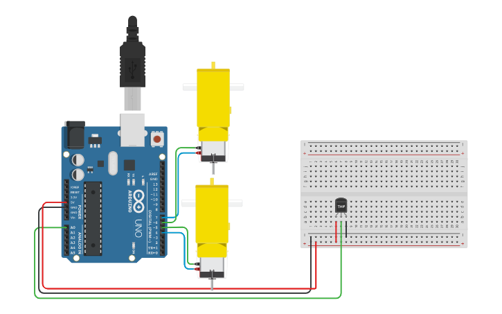 Circuit design dos motores con sensor de temperatura - Tinkercad