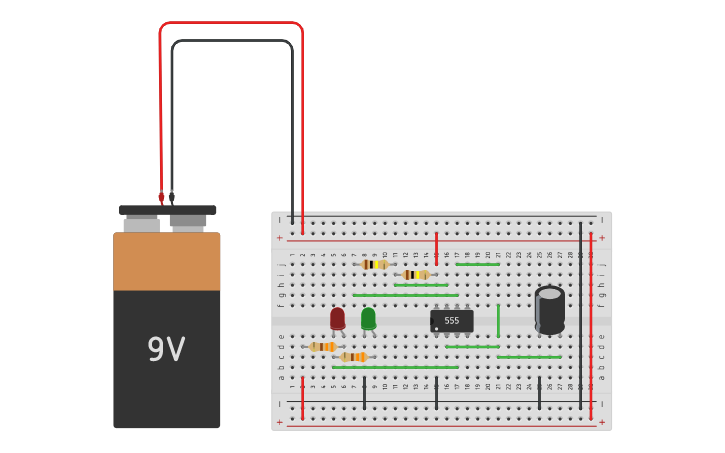 Circuit design 555 Timer with 2 Blinking LEDs - Tinkercad