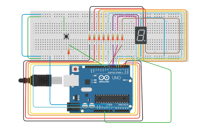 Circuit design 7 segment display with push button - Tinkercad