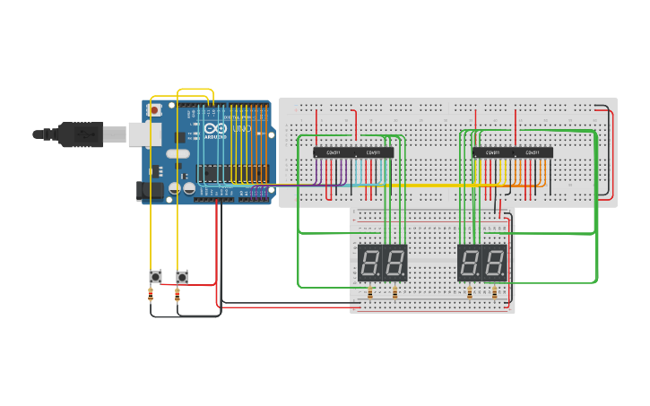 Circuit design Stopwatch using 7-Segment Display - Tinkercad