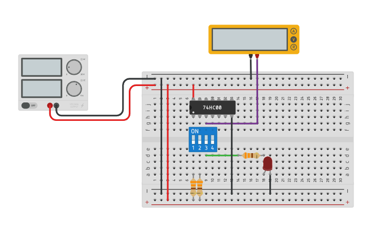 Circuit design Puerta NAND 74HC00 - Tinkercad