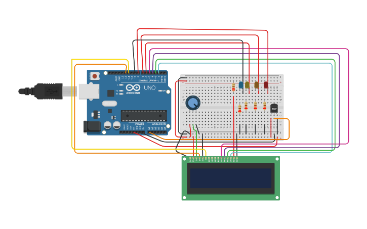 Circuit design 4 LEDS CON SENSOR DE TEMPERATURA | Tinkercad