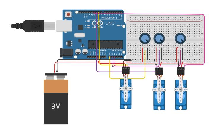 Circuit Design 3 Servomotores Y 3 Potenciometros Tinkercad