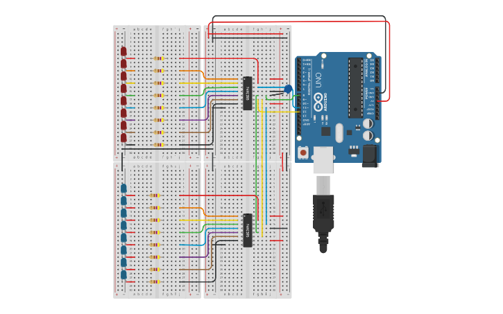 Circuit design Experiment #8.E (Dual Binary Counters) - Tinkercad