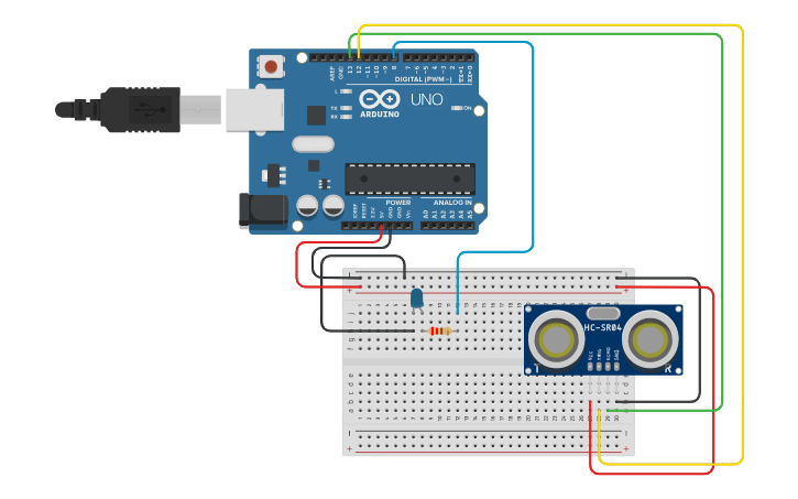 Circuit design Ultrasonic Sensor with LED - Tinkercad