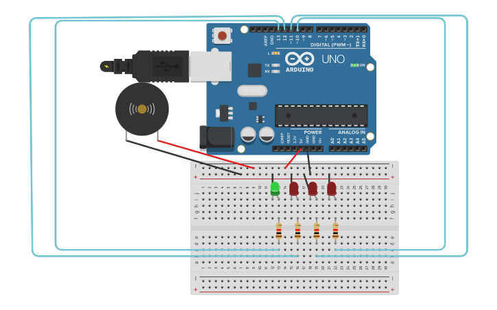 Circuit design LED dan Buzzer - Tinkercad
