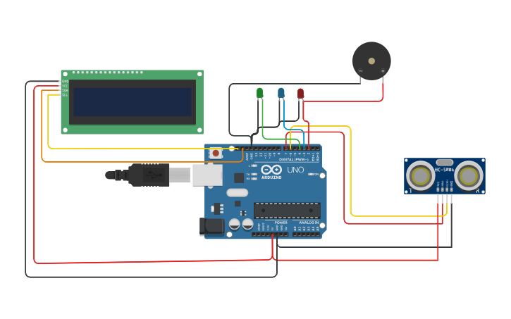 Circuit design UltraSonic Water Level Indicator with LCD - Tinkercad