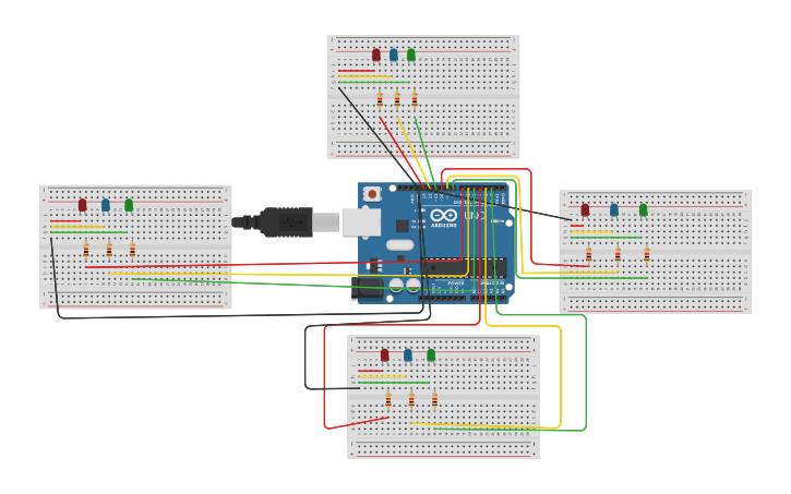 Circuit design 4 led traffic lights | Tinkercad