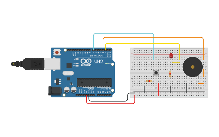 Circuit design Push Button / Led / Buzzer - Tinkercad