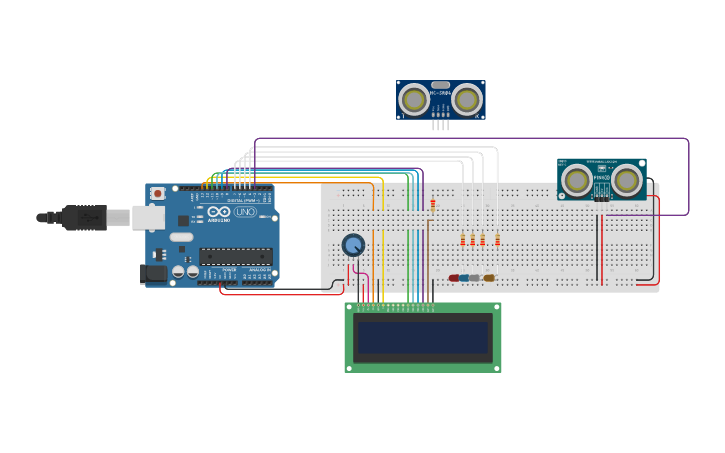 Circuit design LCD con ultrasónico | Tinkercad
