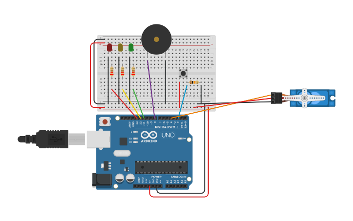 Circuit design prática 14 LEDS con pulsador zumbador y servo | Tinkercad