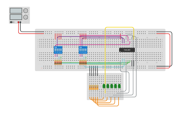 Circuit design EL1C1 - Aula 10 -Experimento Simulado - Circuito Digital Somador | Tinkercad