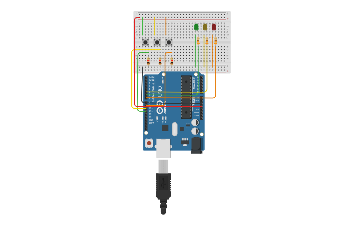 Circuit design semáforo pulsador | Tinkercad Circuit design semáforo pulsador | Tinkercad