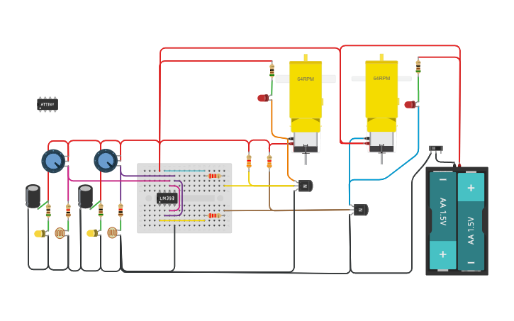 Circuit design Line-Following Robot (LM393) - collector coupled - Tinkercad