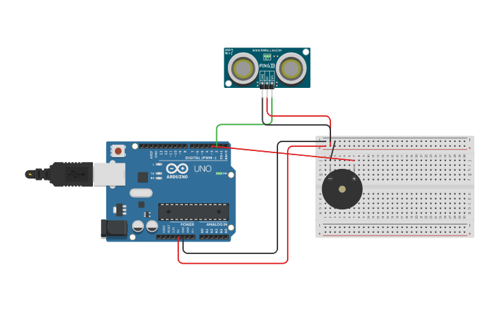 Circuit design sensor distancia | Tinkercad