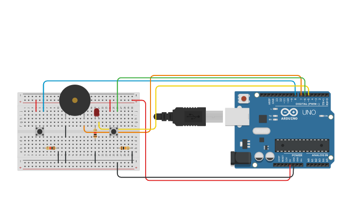 Circuit design Dua tombol untuk menyalakan LED dan buzzer - Tinkercad
