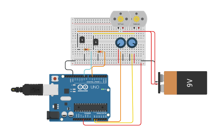 Circuit design npn transistor , Arduino, potentiometer , 2 Dc motor ...