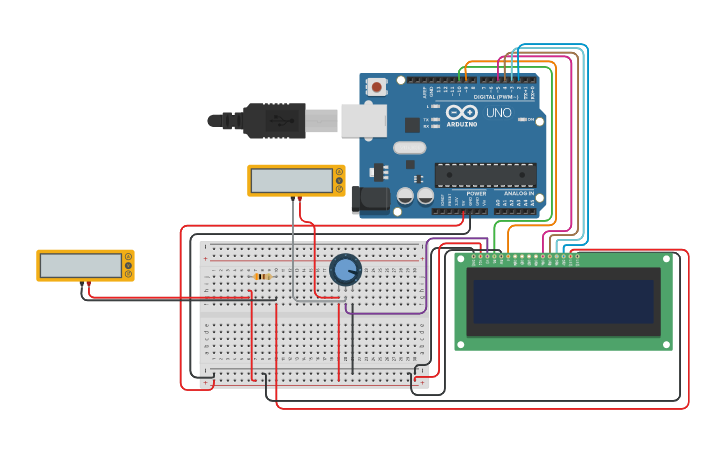 Circuit design Lcd with potentiometers | Tinkercad