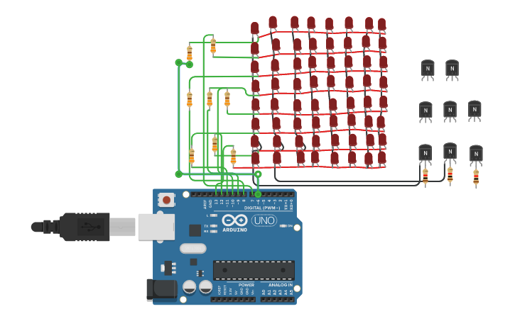 Circuit design matriz de led ejercicio 2 - Tinkercad