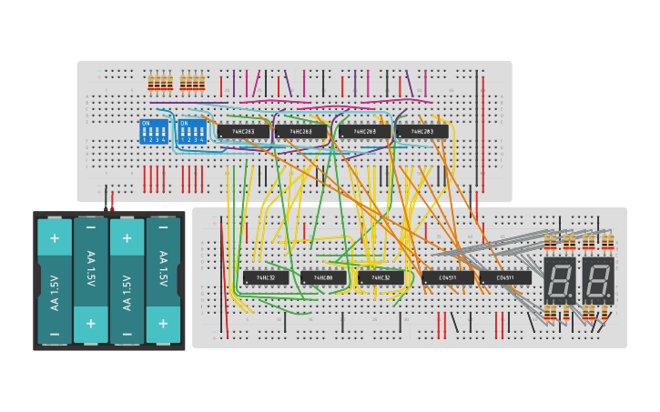 Circuit design Binary-BCD 7 bit translator - Tinkercad
