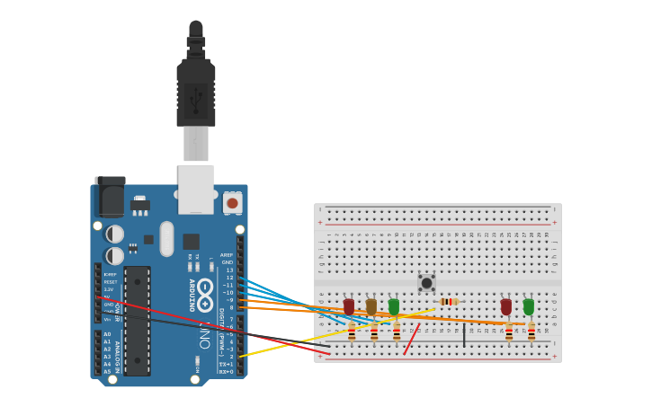 Circuit design Arduino Traffic and Pedestrian Lights - Tinkercad