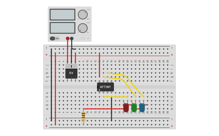 Circuit design chenillard Attiny sur 20V anode commune | Tinkercad