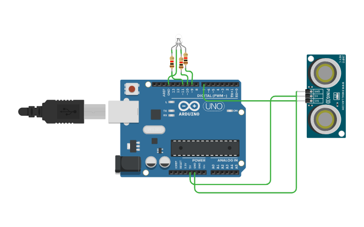 Circuit design Ultrasonic sensor RGB LED - Tinkercad