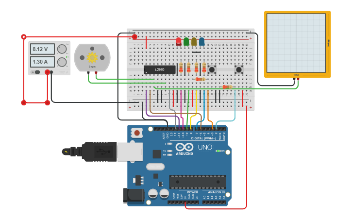 Circuit design MOTOR DC - PWM , LEDS debug - Tinkercad