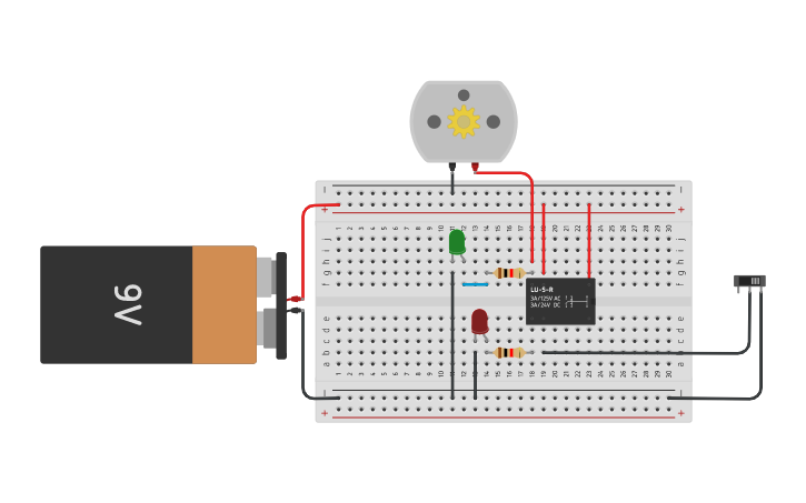 Circuit design RELÉ DE UN CONMUTADOR conectando dos circuitos - Tinkercad