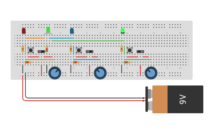 Circuit design accensione di 3 led con modulazione led RGB | Tinkercad