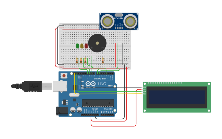 Circuit design Ultrasound + led - Tinkercad