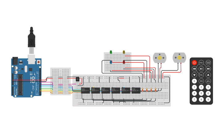 Circuit design Macaranas - BE701A - ES - IR Remote and Relays | Tinkercad