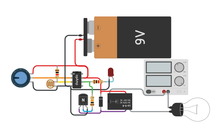 Circuit design Automatic Night Lamp w. LDR and μΑ741 OPAMP - Tinkercad