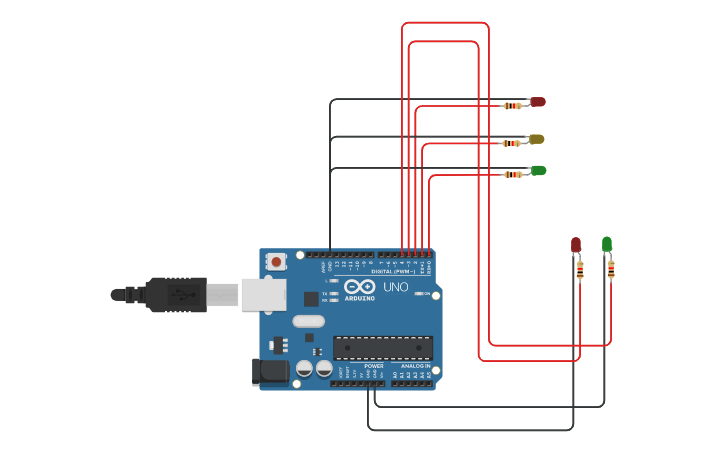 Circuit design Simulasi lampu lalu lintas - Tinkercad
