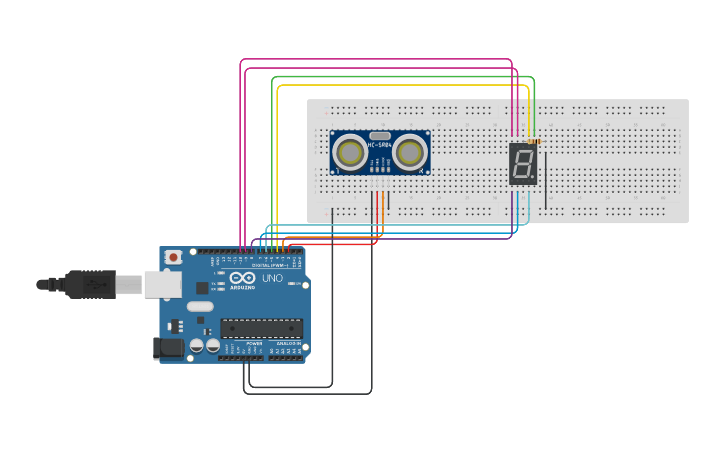 Circuit design ultrasonic x 7 segment - Tinkercad