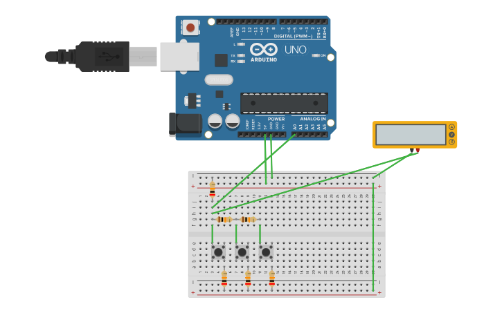Circuit design R2R Ladder. 3 buttons on 1 input pin. - Tinkercad