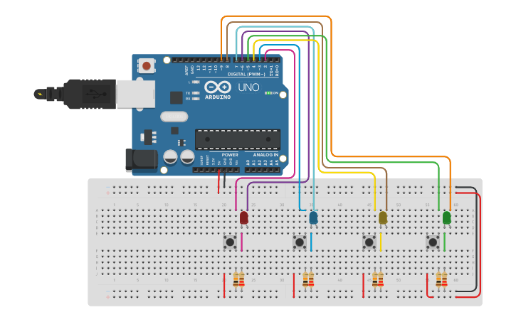 Circuit design On off 4 switch uno | Tinkercad