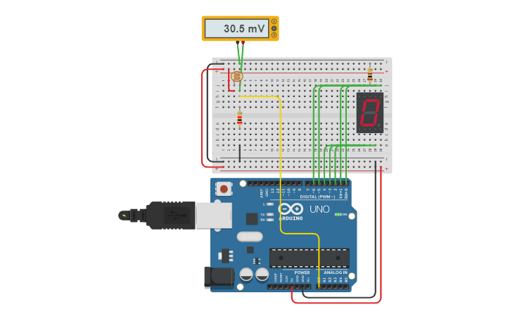 Circuit design 7 SEGMENTOS - LDR - Tinkercad