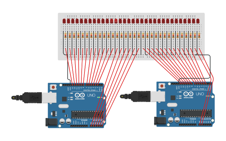 Circuit design 2 arduinos leds - Tinkercad