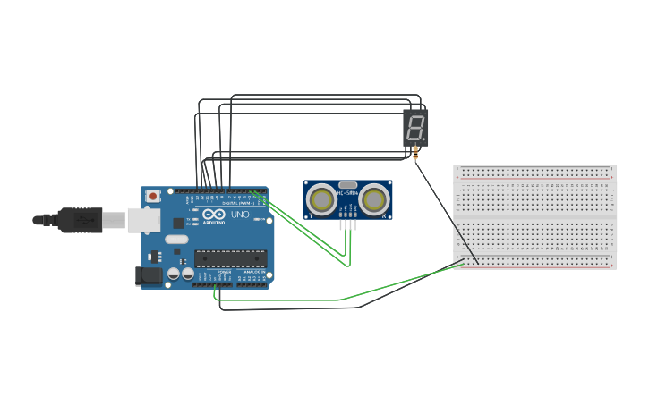 Circuit design ultrasonic seven segment - Tinkercad