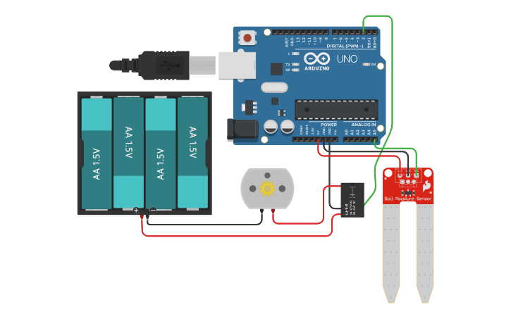 Circuit design Soil Moisture Irrigation System - Tinkercad