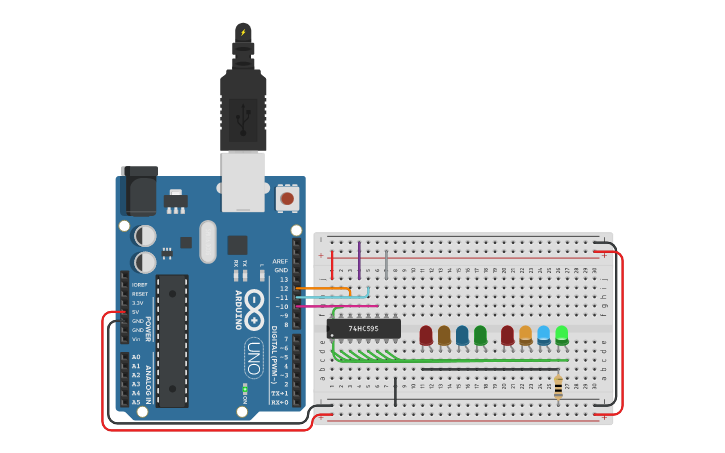 Circuit design 74HC595 Shift Register LED controller - Tinkercad