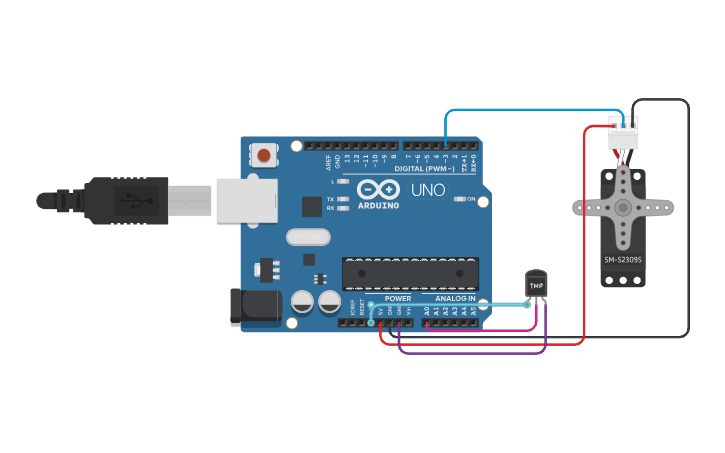 Circuit design Sensor Suhu dengan Motor Servo - Tinkercad