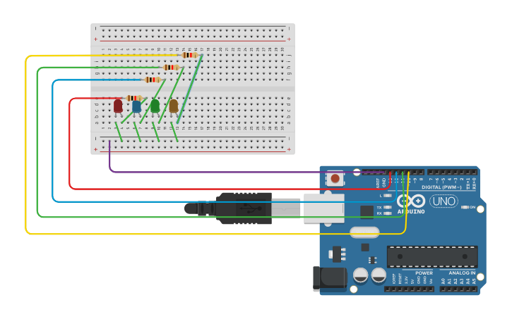 Circuit design Pisca 4 leds | Tinkercad