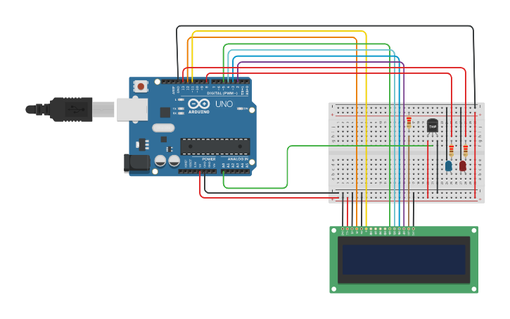 Circuit design sensor de temperatura con leds y lcd - Tinkercad Circuit design sensor de temperatura con leds y lcd - Tinkercad
